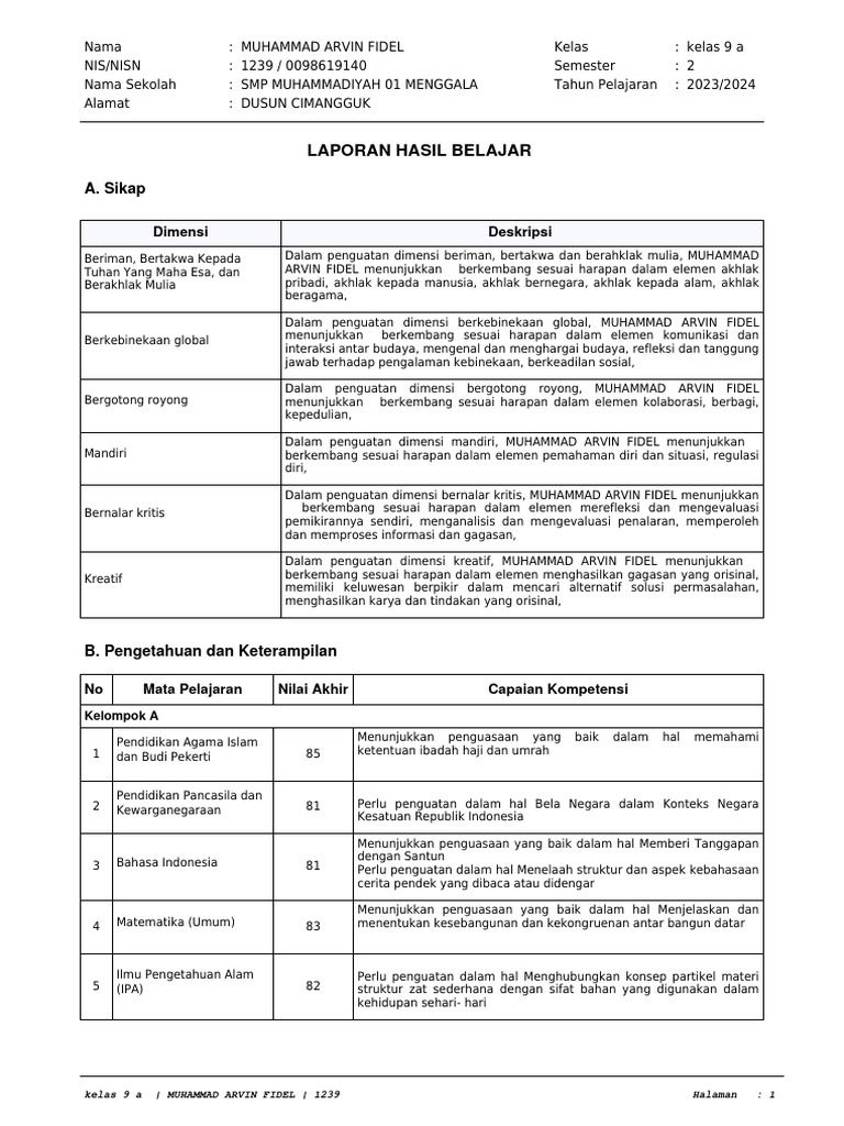 Rapor k13 Muhammad Arvin Fidel | PDF