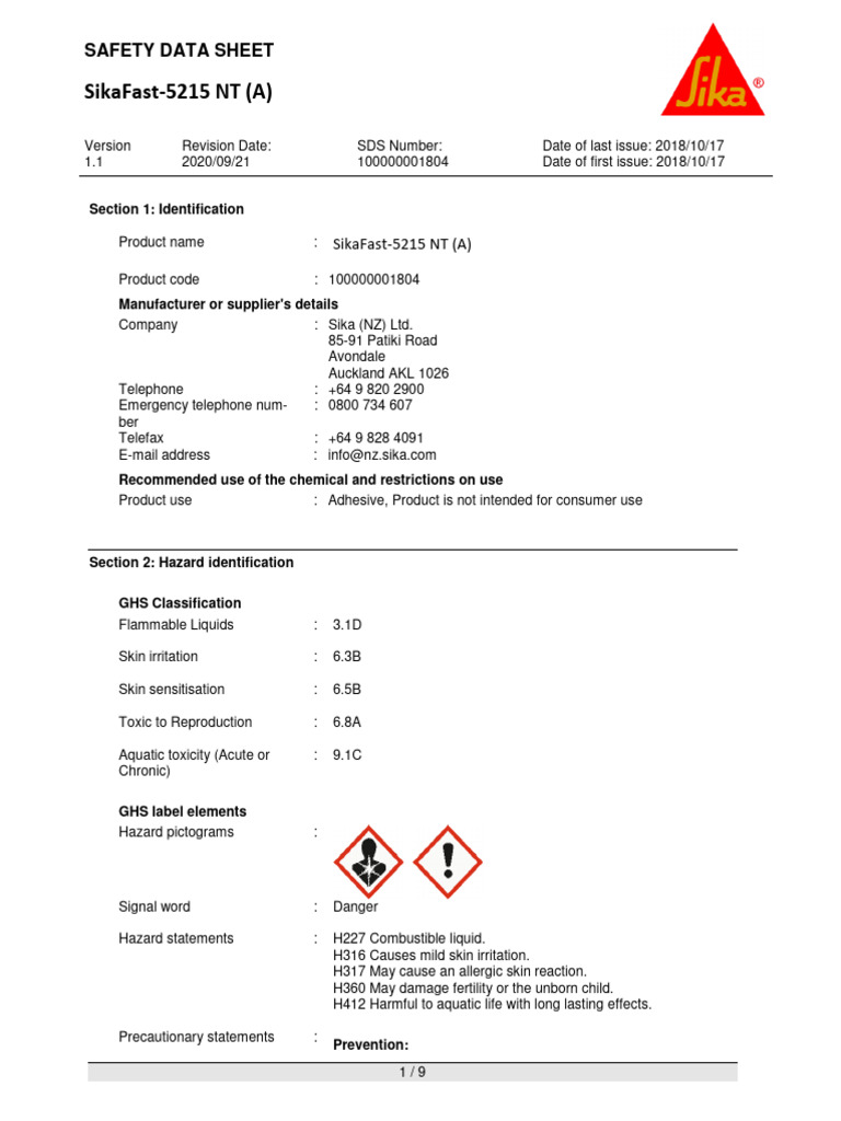 SikaFast-5215 NT Safety Data Sheet | PDF | Dangerous Goods | Workplace