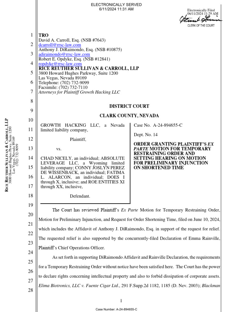 2024-06-11 Order Granting TRO and Setting OST Re Prelim Inj (June 25) | PDF | Injunction ...