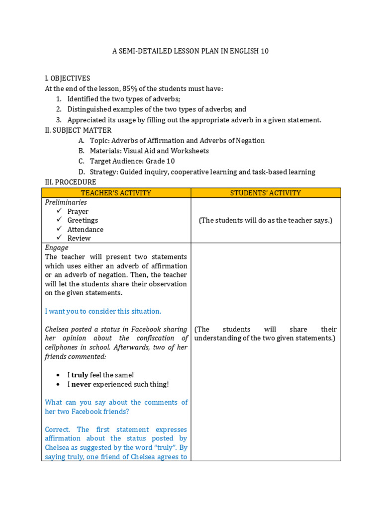 Sample Semi Detailed Lesson Plan | PDF | Lesson Plan | Cognition