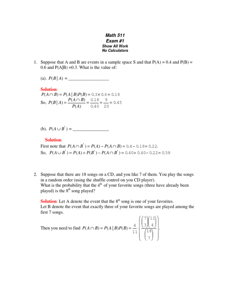 Math 511 Exam 1 Solution Probability | PDF | Probability Theory | Statistical Theory