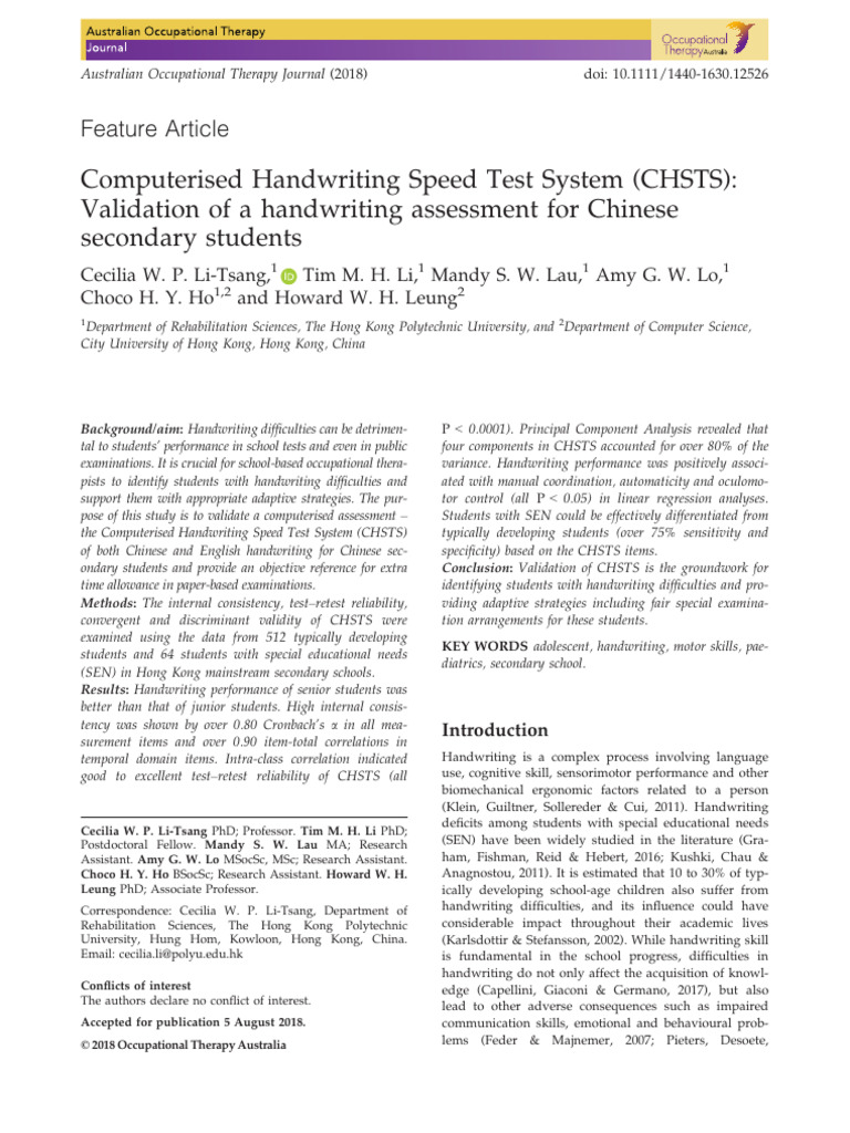 Computerised Handwriting Speed Test System CHSTS Validation of A ...
