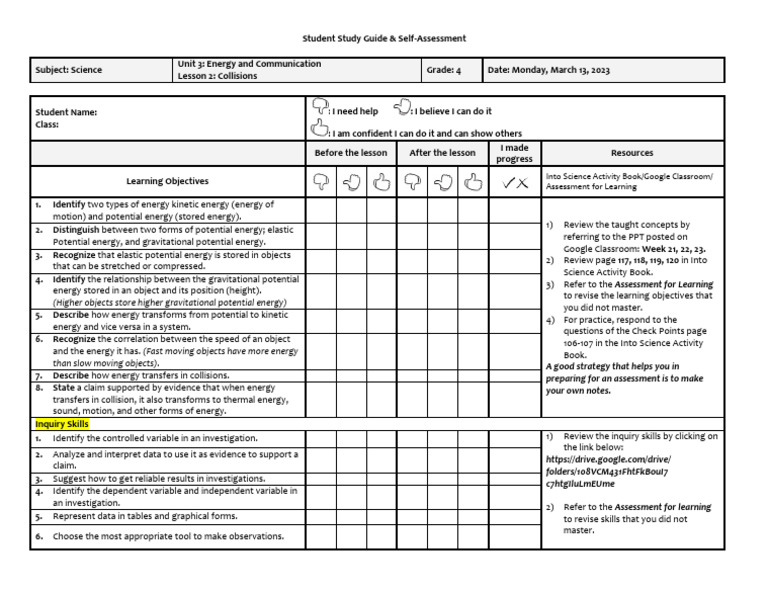 Grade 4 Science Study Guide: Energy | PDF | Potential Energy | Learning