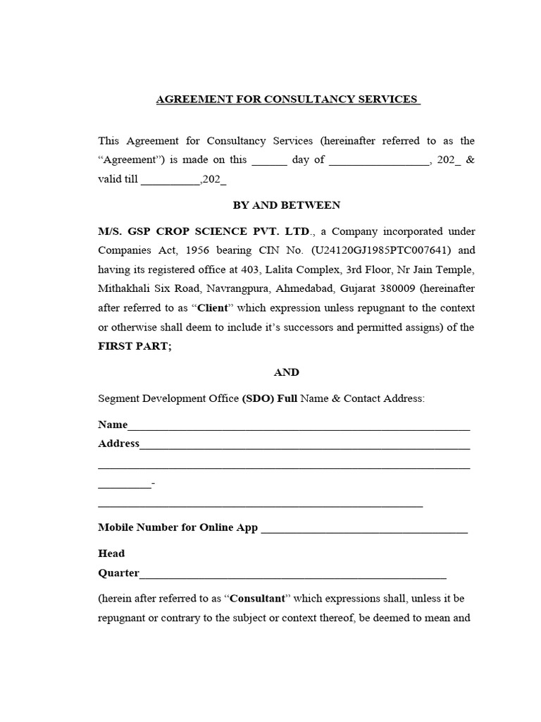 GSP-AGREEMENT FOR CONSULTANCY SERVICES - Revised & Approved | PDF | Confidentiality | Indemnity