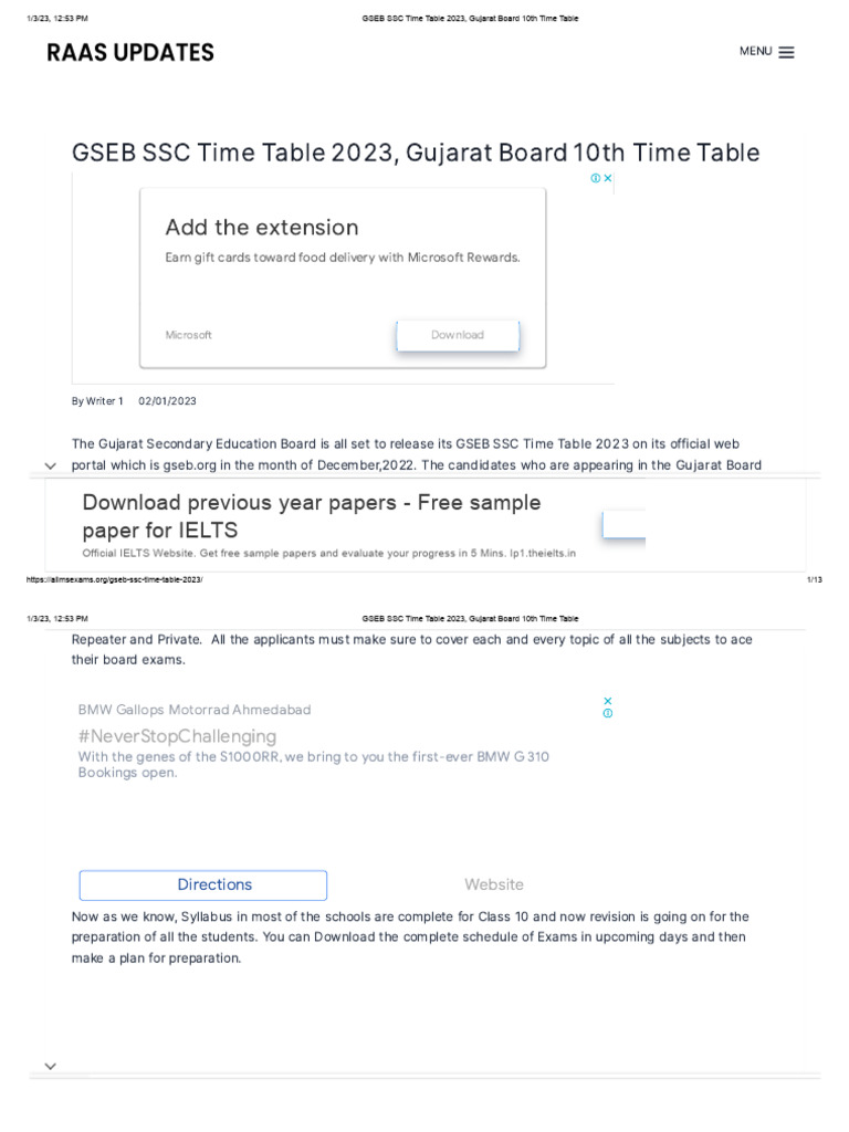 GSEB SSC Time Table 2023, Gujarat Board 10th Time Table | PDF