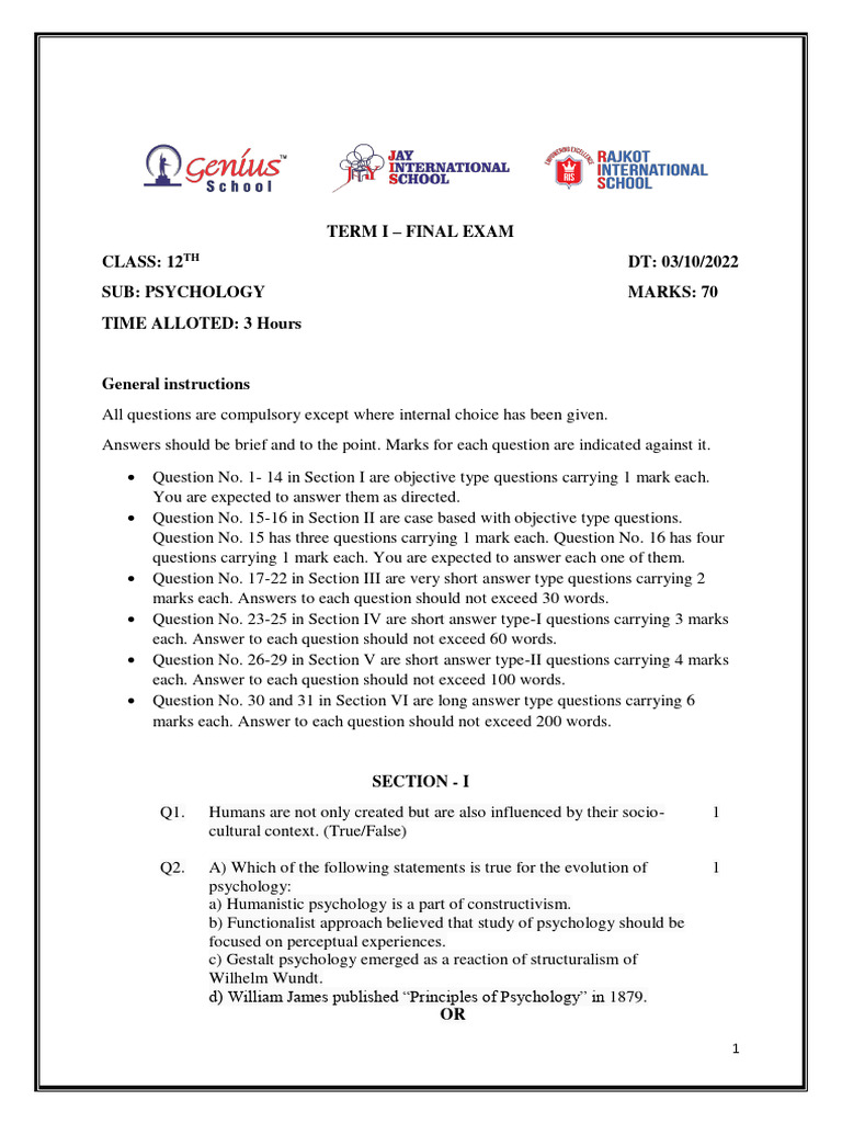 Psychology - Class 11 - Final Term Practice Paper | PDF | Cognition ...