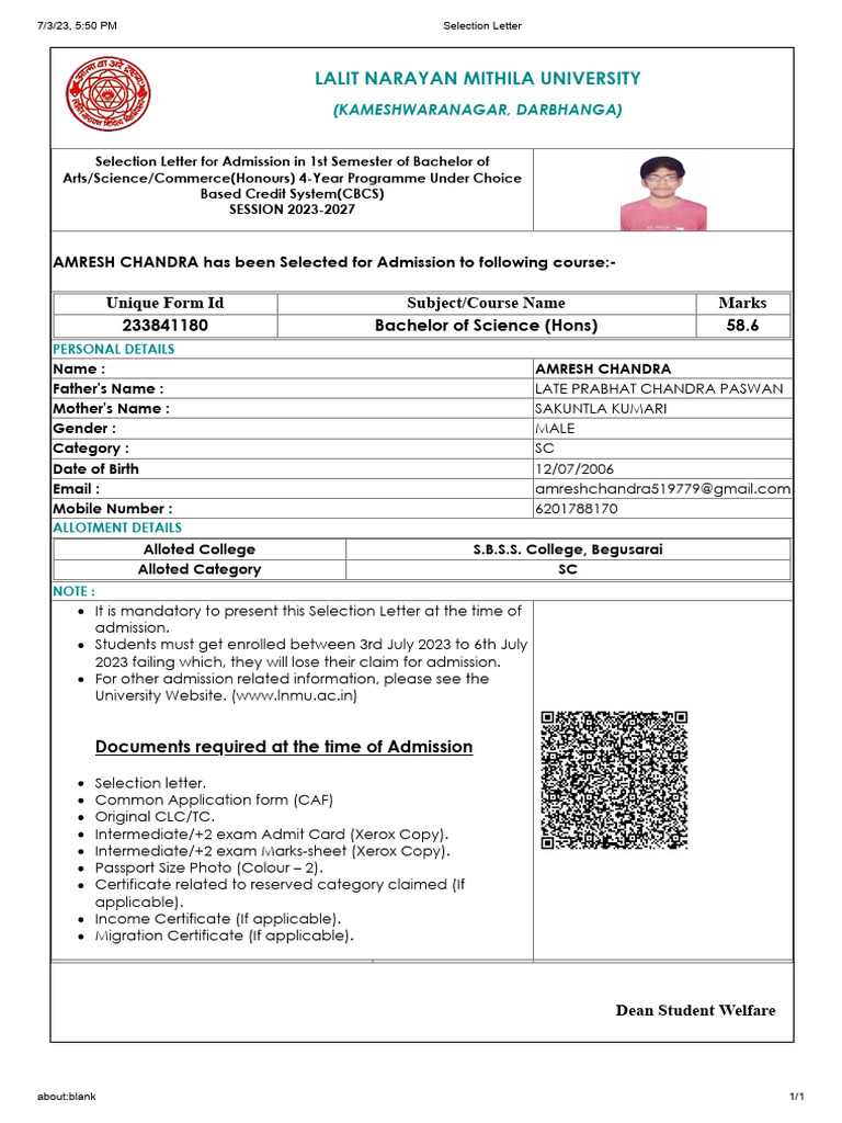 Selection Letter | PDF | Educational Stages