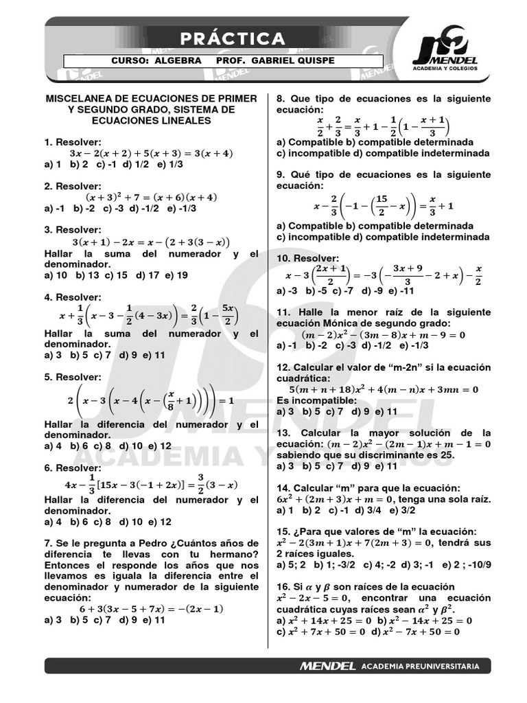 Practica - Miscelanea Ec. 1er y 2do Grado, Sistema de Ecuaciones. | PDF | Ecuaciones | Álgebra