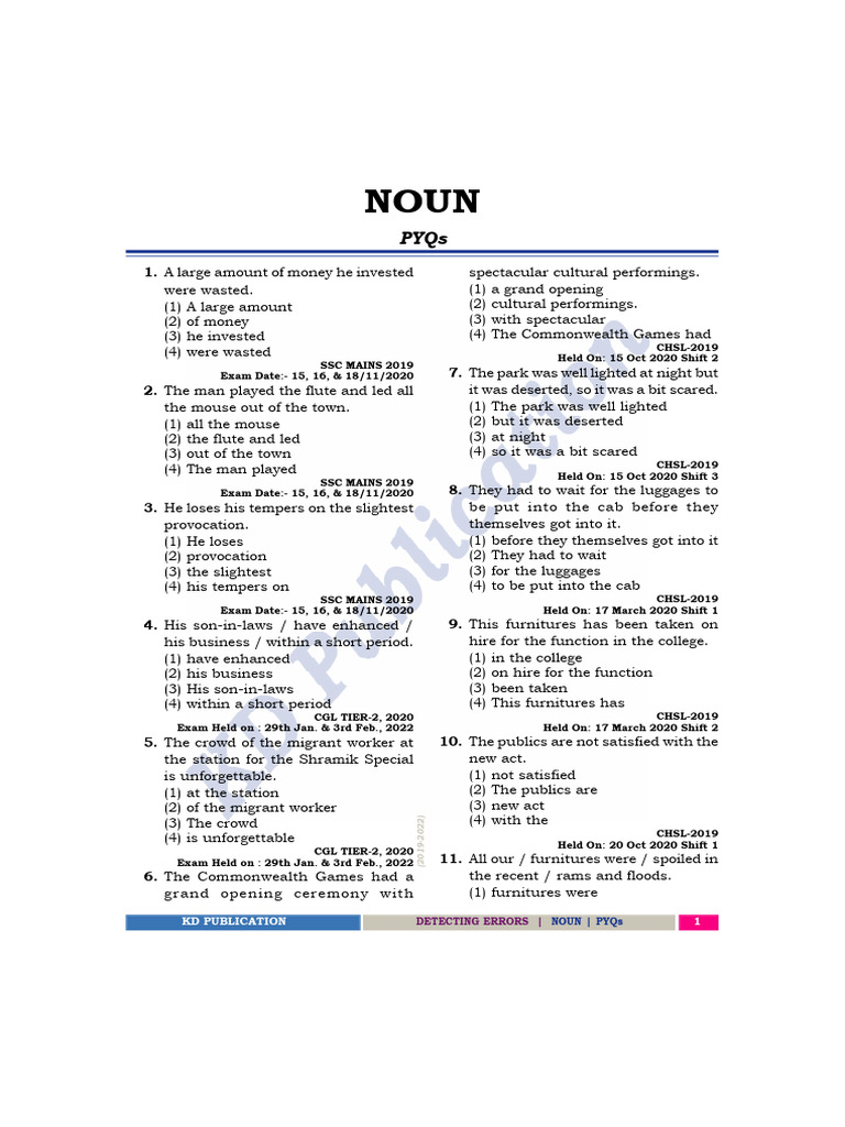 Noun Error Detection PYQs 2019-2022 | PDF | Noun | Plural