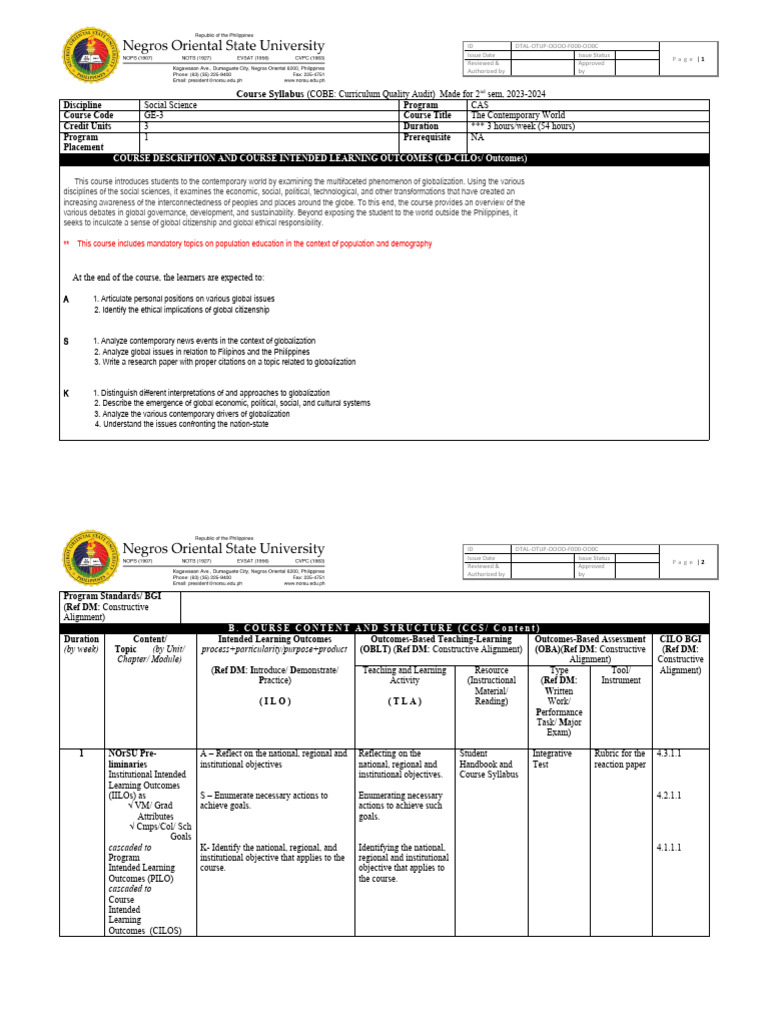 Cobe GE 3 Syllabus 2nd 2023 24 | PDF | Globalization | Citizenship