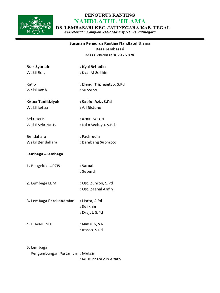Susunan Pengurus Ranting NU | PDF | Agama & Spiritualitas | Gaya Hidup