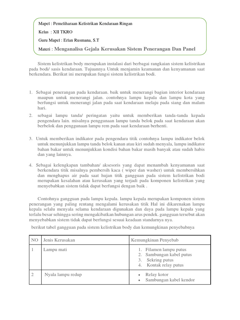 Sistem Penerangan Dan Panel Instrumen | PDF