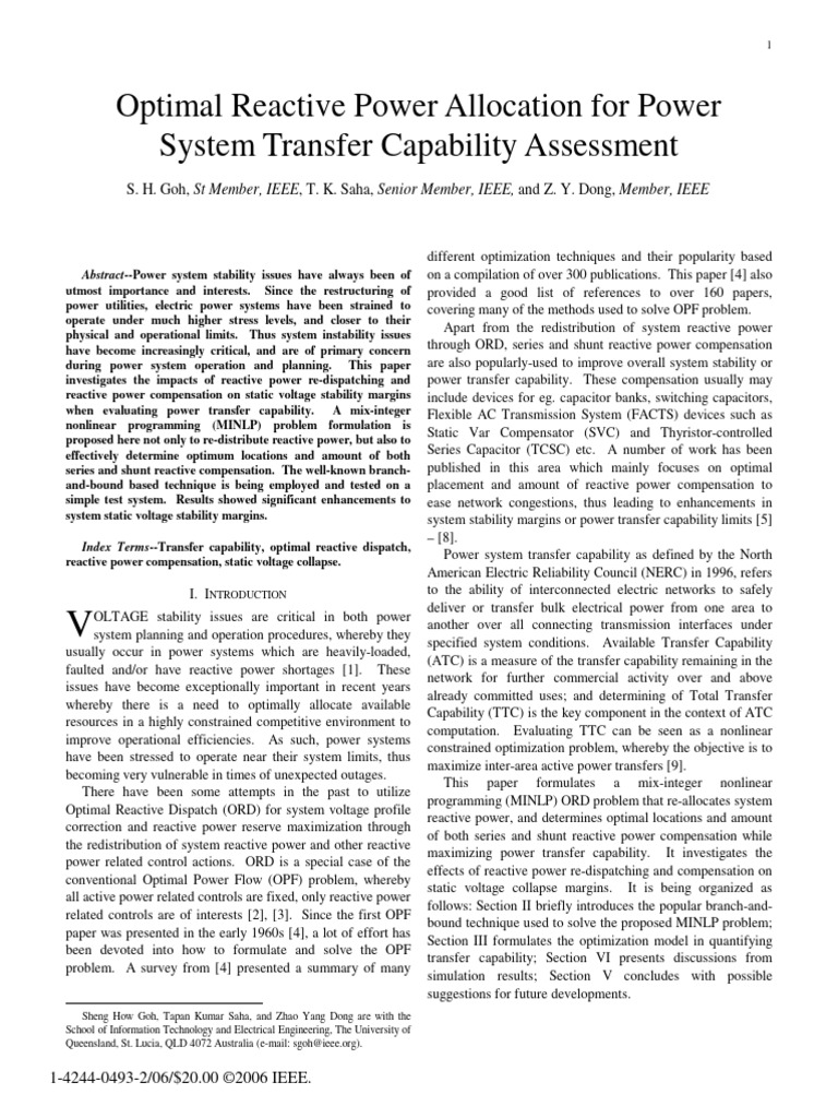 Optimal Reactive Power Allocation For Power System Transfer Capability ...