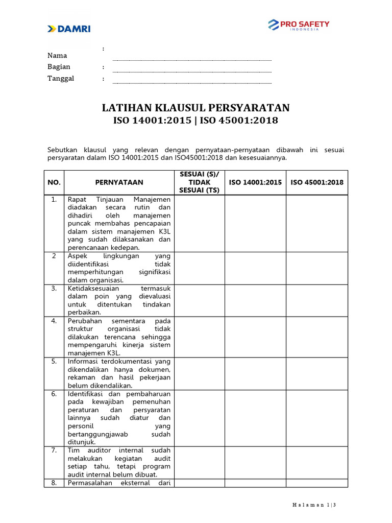Soal Latihan Persyaratan Klausul SMK3L Jun24 | PDF