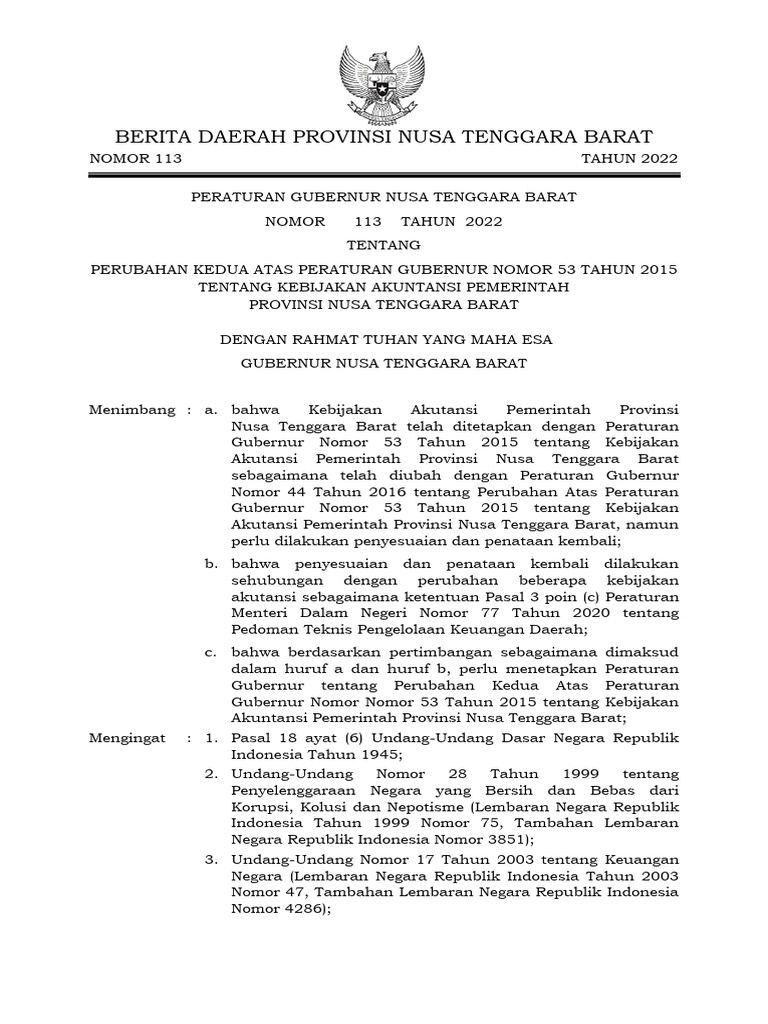 Pergub No. 113 Tahun 2022 TTG Perubahan Kedua Pergub No. 53 Tahun 2015 ...