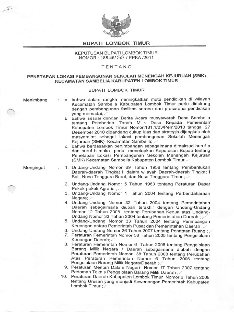 SK 561-2011 TTG Penetapan Lokasi Pembangunan SMKN 1 Sambelia Kec Sambelia | PDF