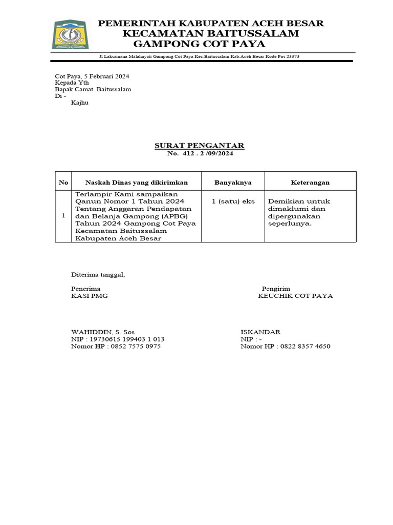 Surat Pengantar Qanun APBG 2024 | PDF