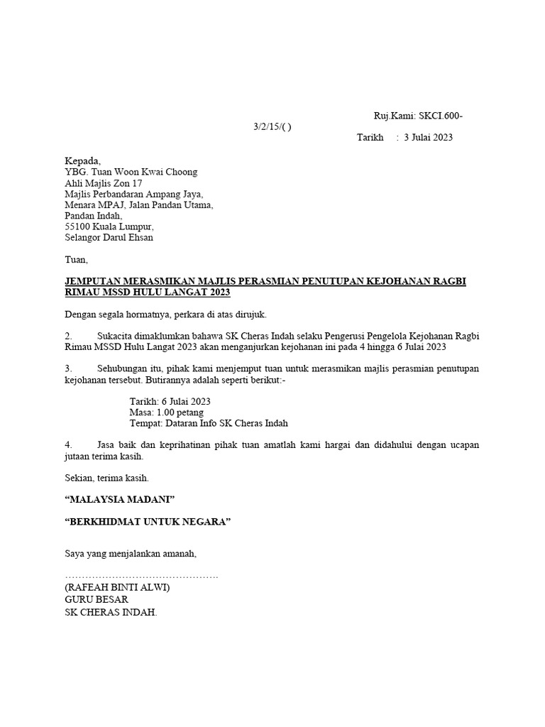 Surat Jemputan Perasmian Penutupan Ragbi TN Woon Ahli Mpaj | PDF