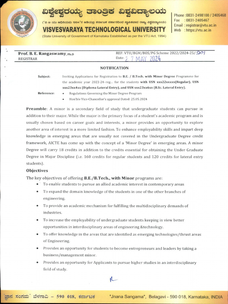 Notification Registration To B.E.B.tech With Minor Degree Programme ...