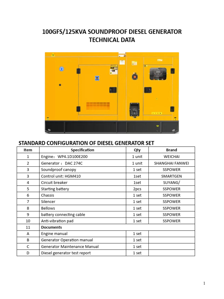 100 KVA Specs of Weichai Genset | PDF | Electrical Engineering | Electricity