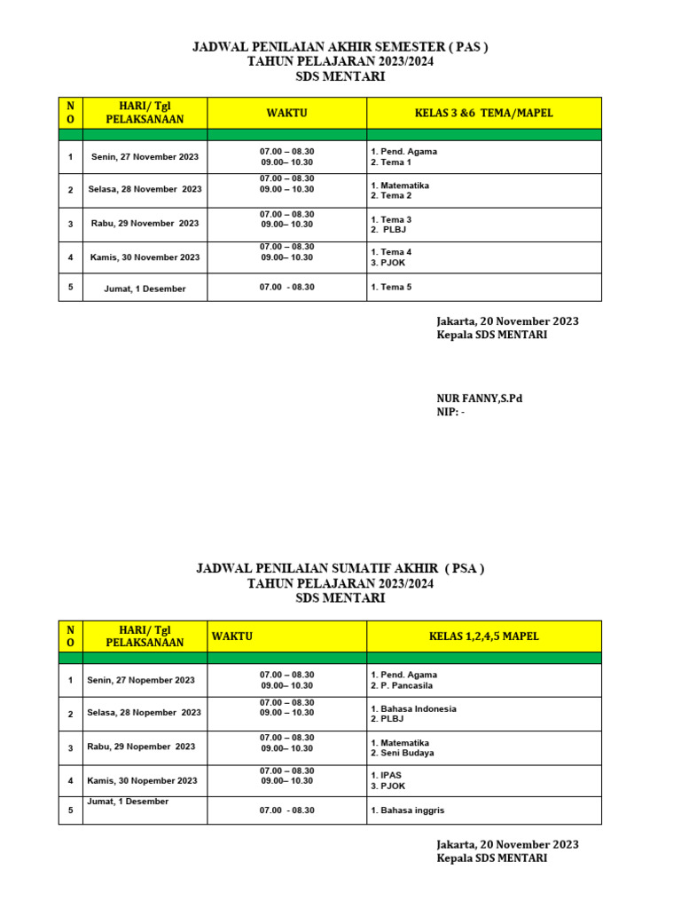 Jadwal Pas Dan Sumatif Tahun 2023-2024 | PDF