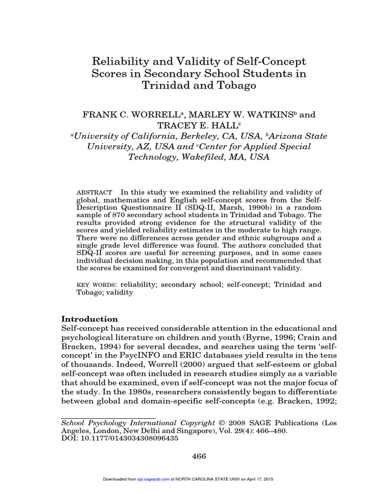 Reliability and Validity of Self-Concept Scores in Secondary School Students in Trinidad and ...