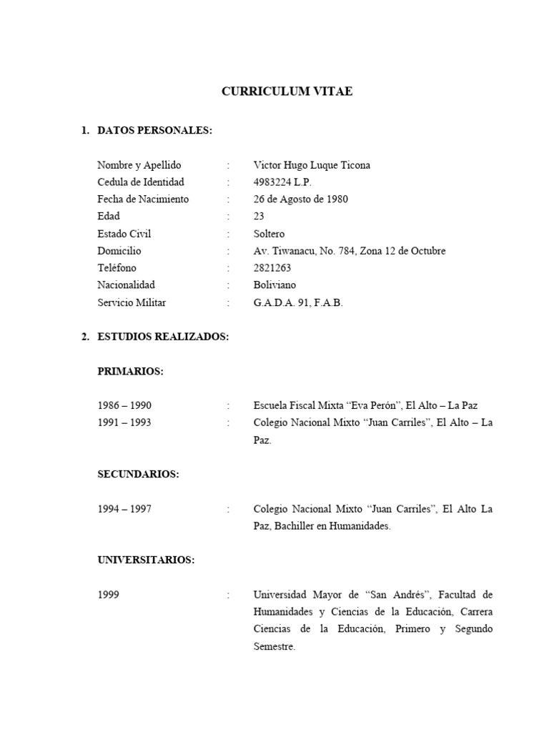 Curriculum Vitae de Victor Hugo Luque | PDF | Ciencias sociales