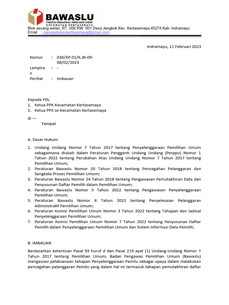 Imbauan PPK Dan PPS Tentang PANTARLIH TGL 11-02-23 | PDF