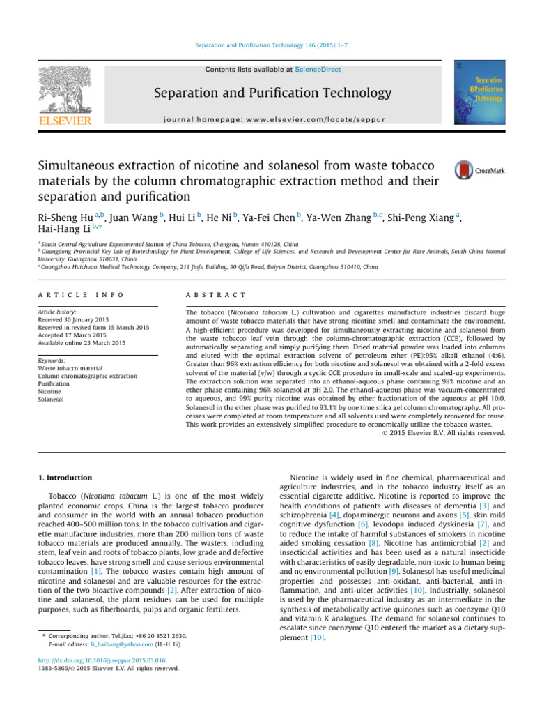 Simultaneous Extraction of Nicotine and Solanesol From Waste Tobacco ...