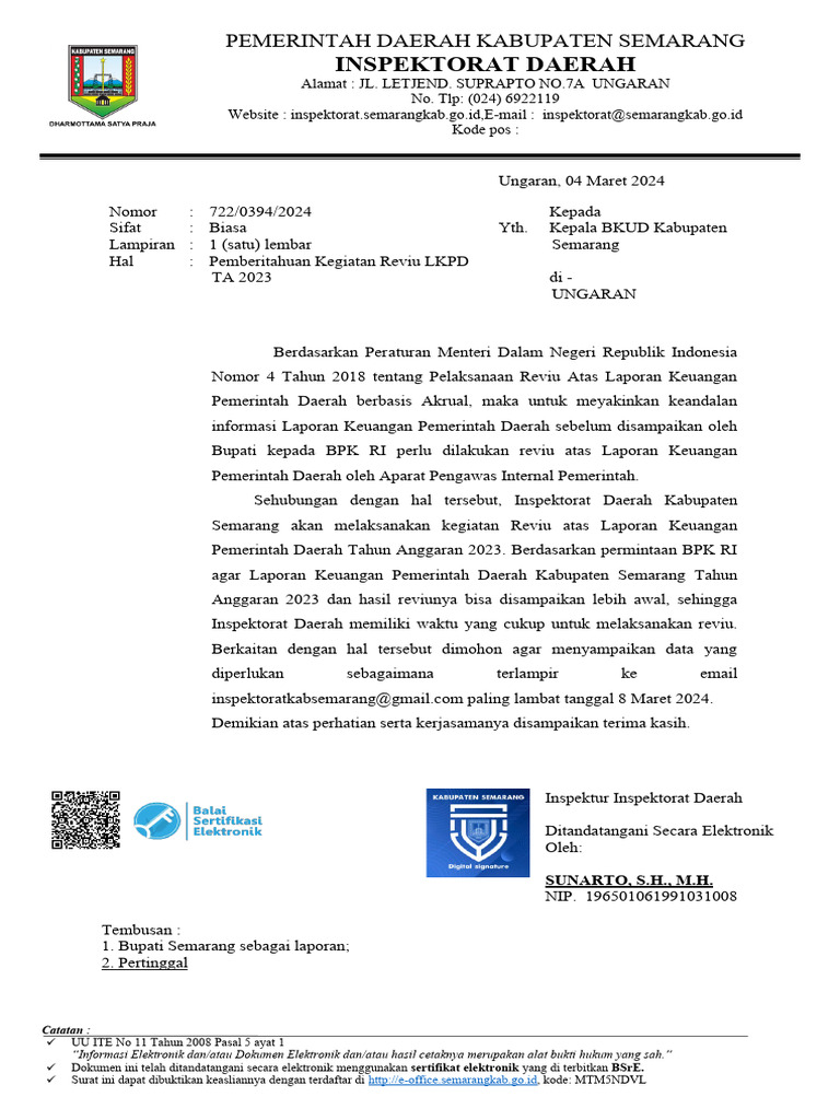 Surat Pemberitahuan Reviu LKD 20232 | PDF | Pengelolaan Keuangan & Uang