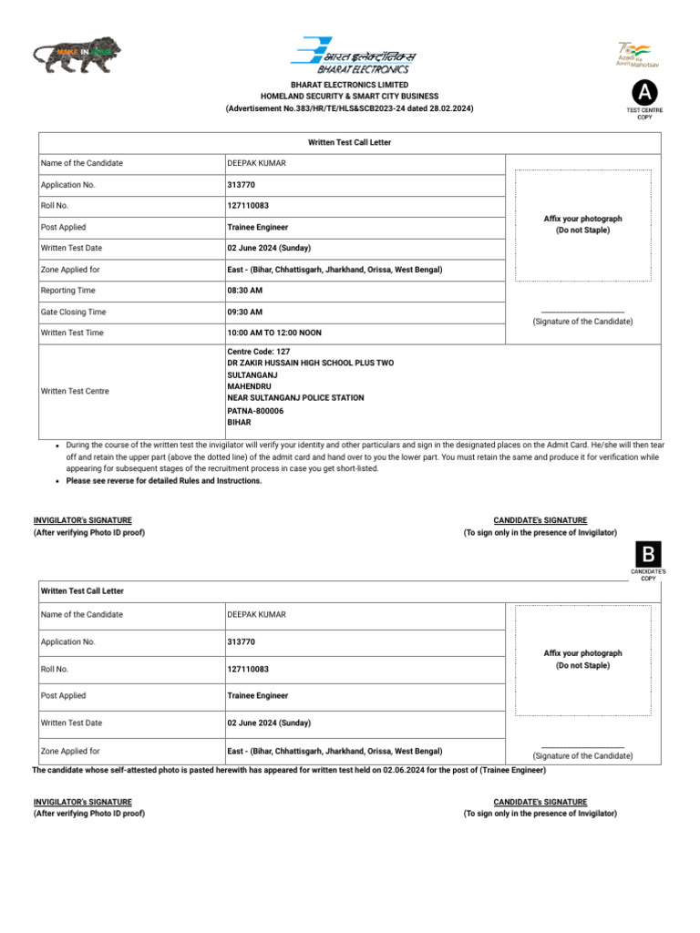 Bel BNG (Te) - 2024 - Admit Card | PDF | Identity Document