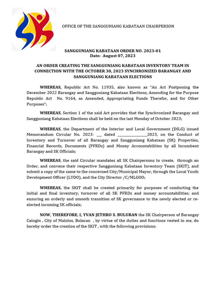 1.4 BSKE 2023 - Annexes D E and F SANGGUNIANG KABATAAN Inventory and Turnover of SK PFRDs and ...