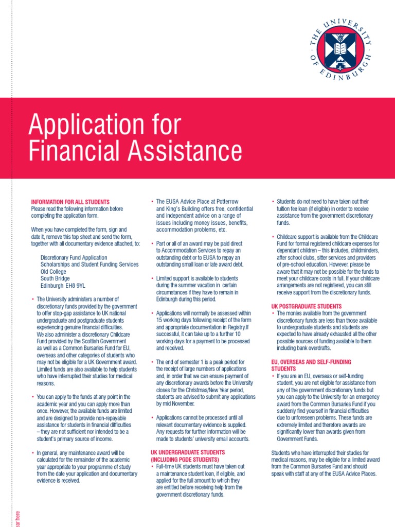 Application For Financial Assistance: Information For All Students ...