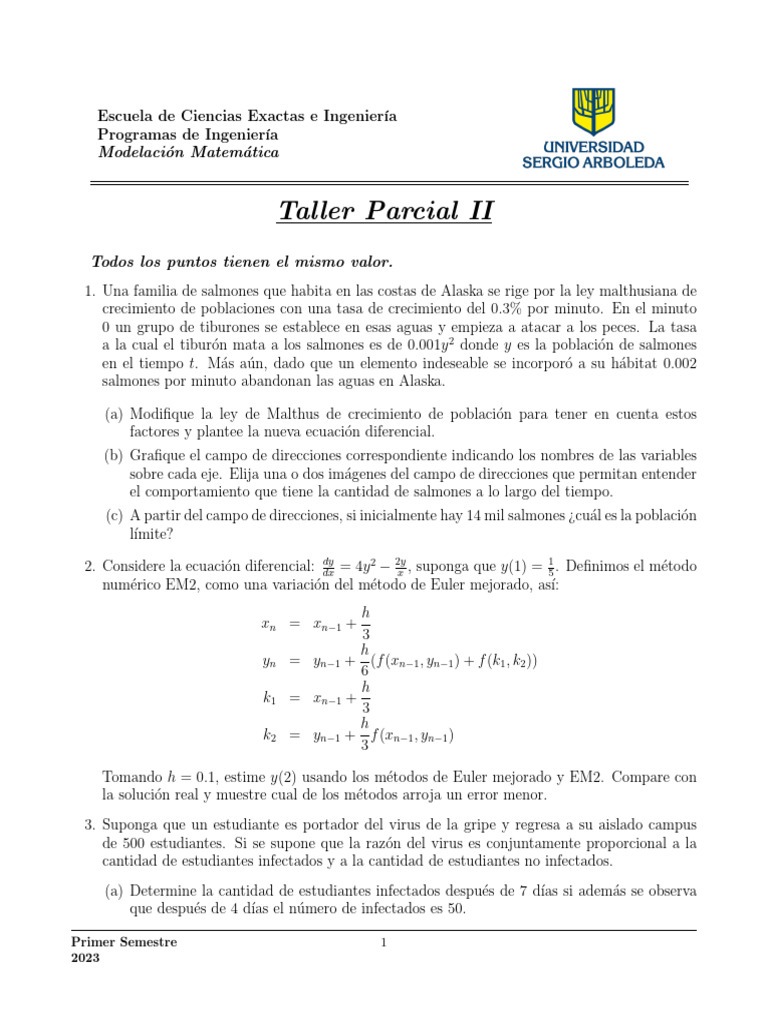 Talleres Parciales Modelación Matemática Pdf Sal Matemáticas