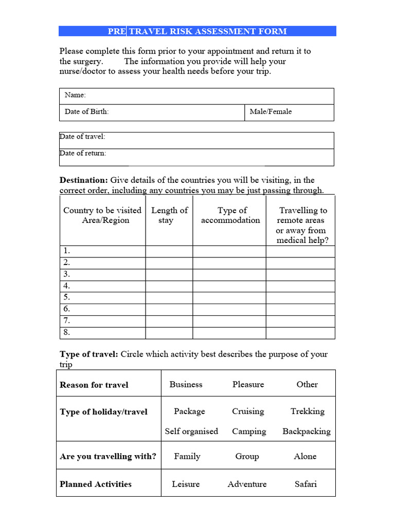 Pre Travel Risk Assessment Form | Download Free PDF | Vaccines | Mental ...