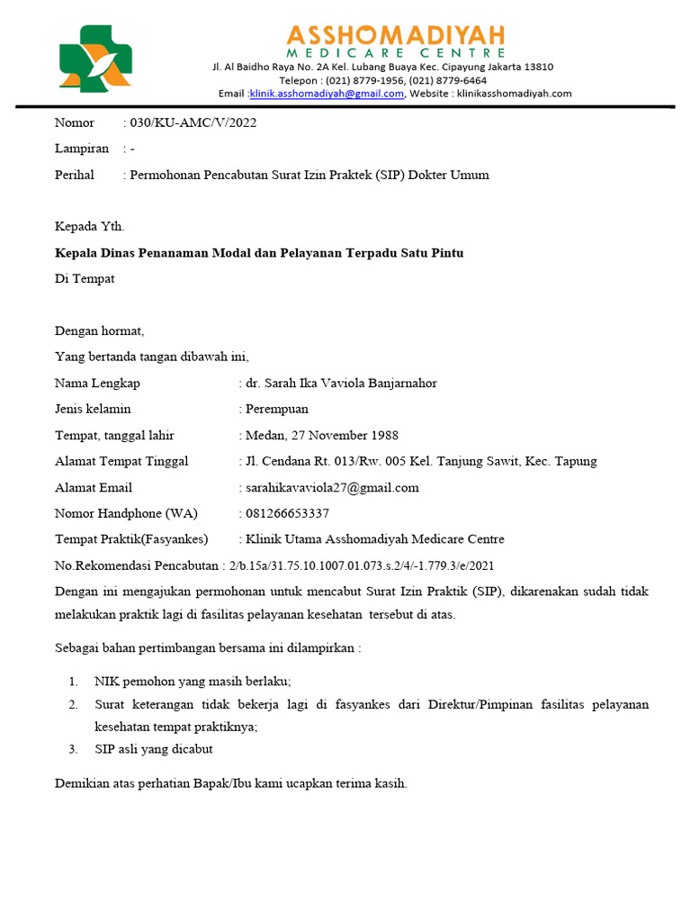 Surat Permohonan Pencabutan SIP Dokter Sarah | PDF | Sains & Matematika