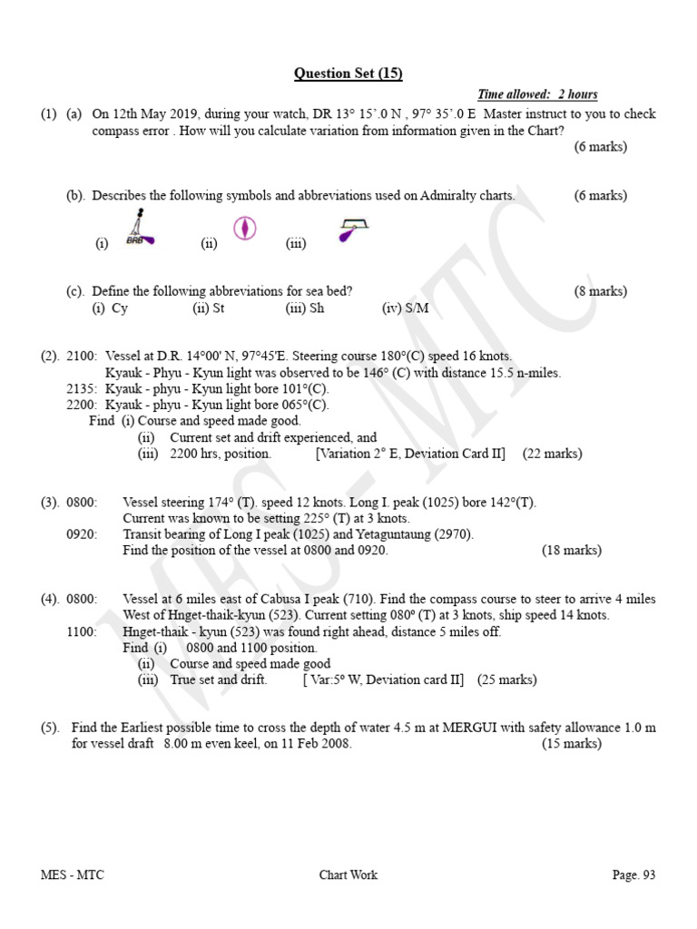 OOW Chart, Set - 15, Answers | PDF | Ships | Navigation