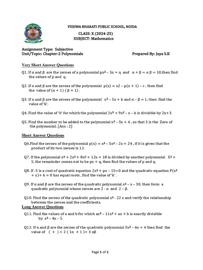 Polynomials Assignment | Download Free PDF | Polynomial | Zero Of A Function