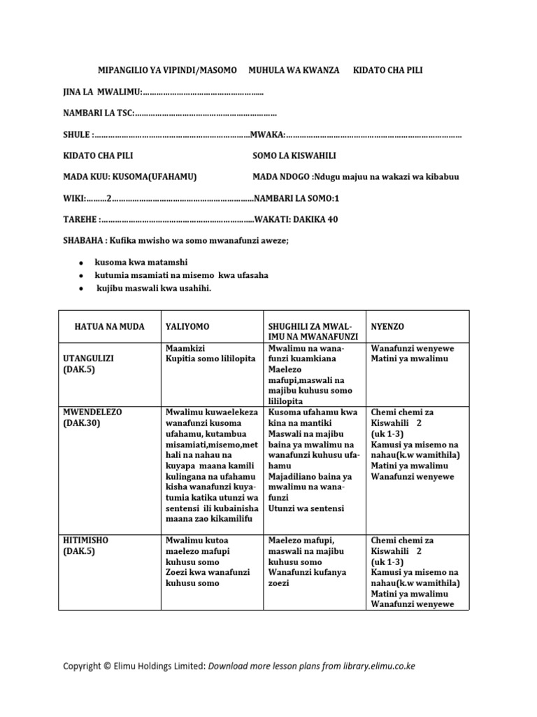 Form 2 Kiswahili T1 WK2 WK4 L1 L15 V2 | PDF