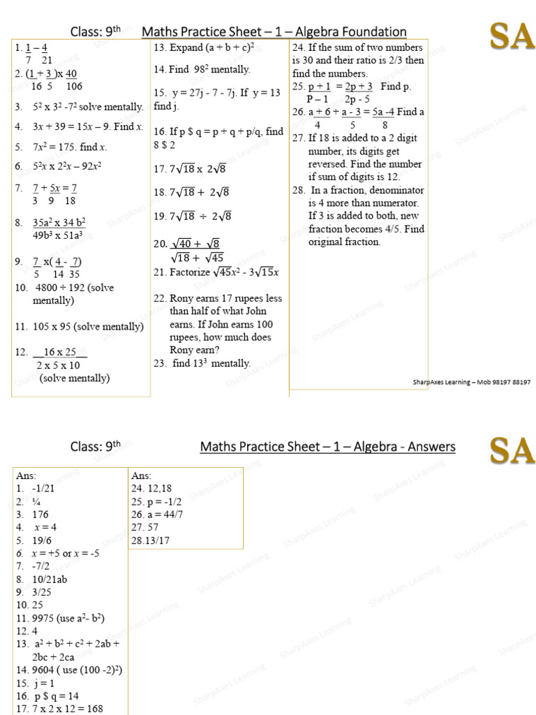 practice sheet_1_8 9algebra | PDF | Mathematical Notation | Mathematical Concepts