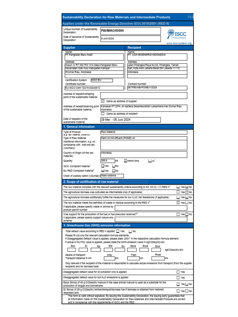 Sustainable Declaration Iscc | PDF | Biofuel | Biogas