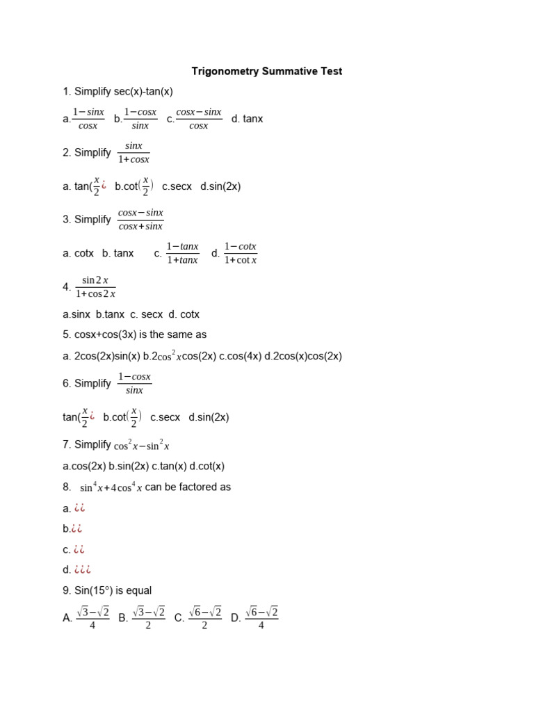 Trigonometry Summative Test | PDF | Trigonometric Functions | Triangle