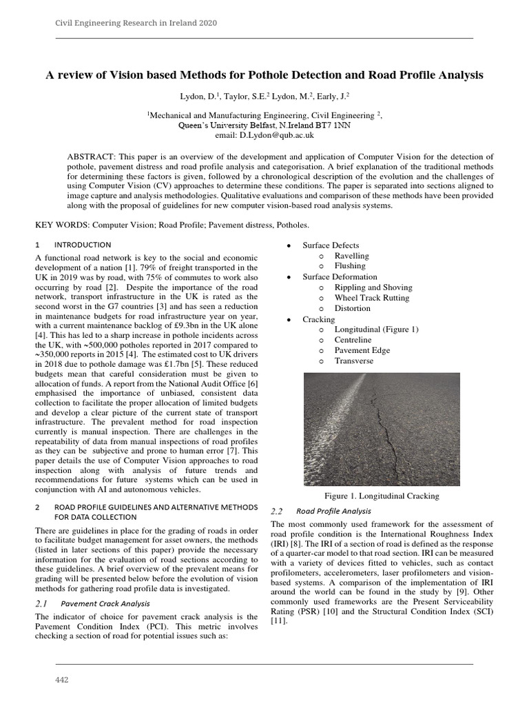 A Review Of Vision Based Methods For Pothole Detection And Road Profile Analysis 2020 Pdf