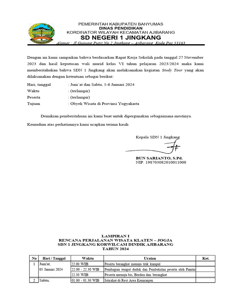 Surat Pemberitahuan Study Tour (Wisata Pendidikan) | PDF