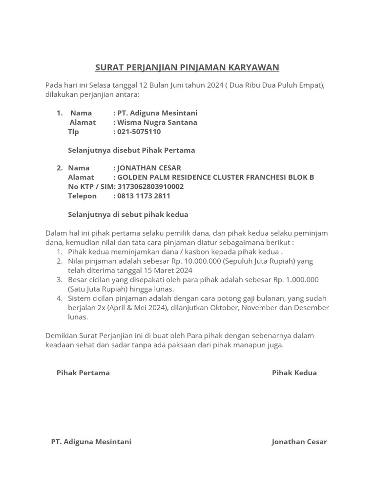 Draft PERJANJIAN Pinjaman Karyawan | PDF | Hukum