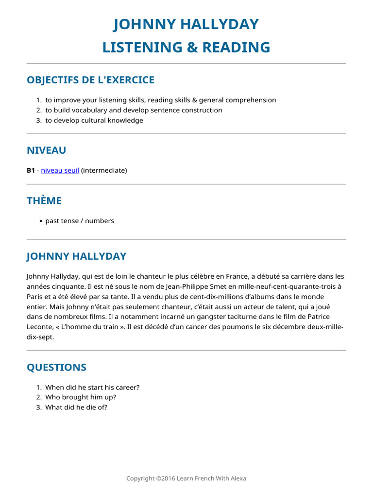 Johnny Hallyday: Listening & Reading Exercise | PDF