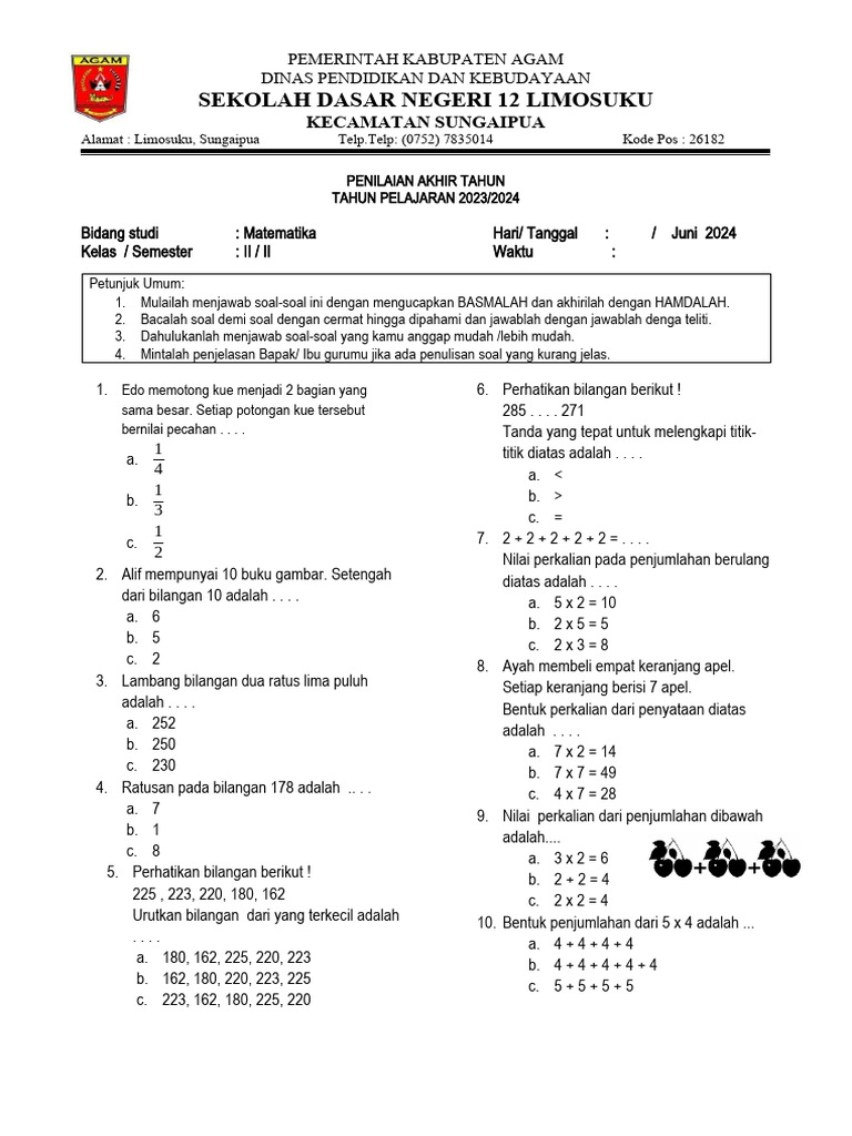 Soal Pat MTK Kelas 2 | PDF