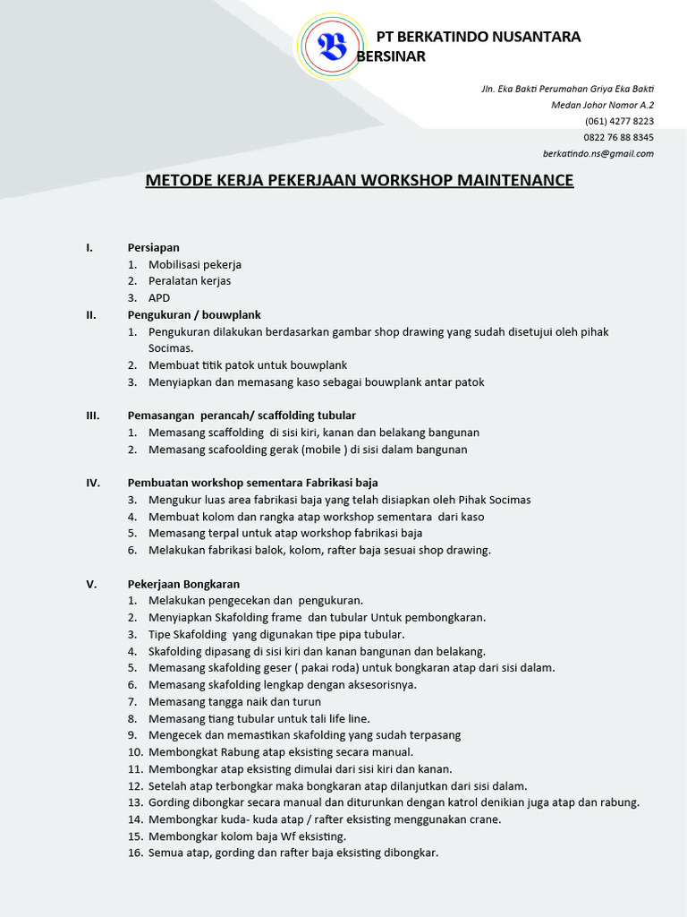 Metode Kerja Workshop Maintenance For JSA | PDF