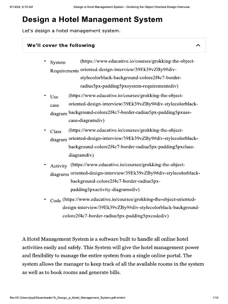Hotel Management System Design | PDF
