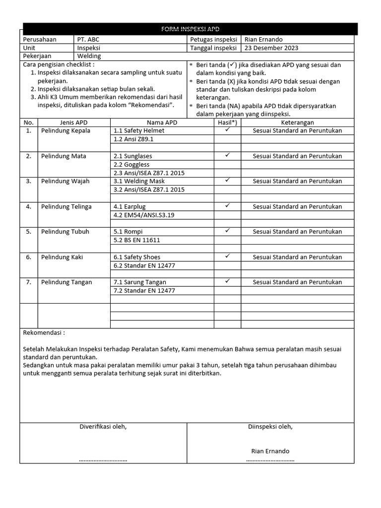 Form Inspeksi APD | PDF